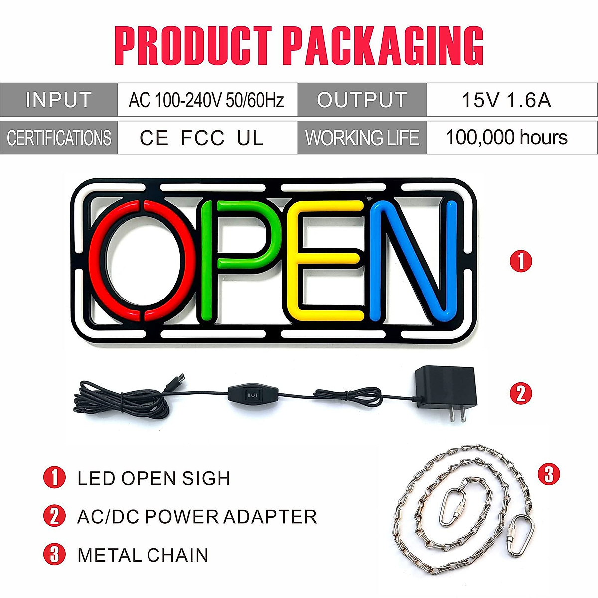 USEND LED Open Sign for Business Colorful Neon Open Sign 21.2x8.6inch High Visibility with Multiple Colors Changes 15V1.6A LED Open Sign with Two Modes Steady Light&Flashing Colorful LED Neon Open