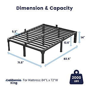 Superay California King Bed Frame with Mattress Slide Stopper, 14 Inch Metal Platform Bed Frame, Heavy Duty Tall Bed Frame No Box Spring Needed with Large Storage Space, Easy Assembly, Noise Free