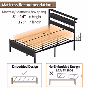 Furnulem Full Size Bed Frame with LED Light and Charging Station, Storage Headboard with 2-Tier Shelves, Metal Platform Bed with Heavy Duty Slats Support, No Box Spring Needed, Black Oak