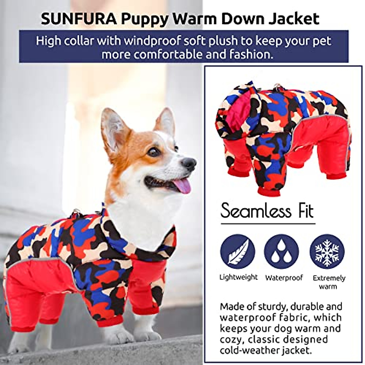SUNFURA Winter Dog Coats, Warm Dog Down Jacket with 4 Legs, Reflective Windproof Puppy Turtleneck Snowsuit for Cold Weather, Lightweight Padded Puffer Dog Vest Apparel for Small Medium Dog