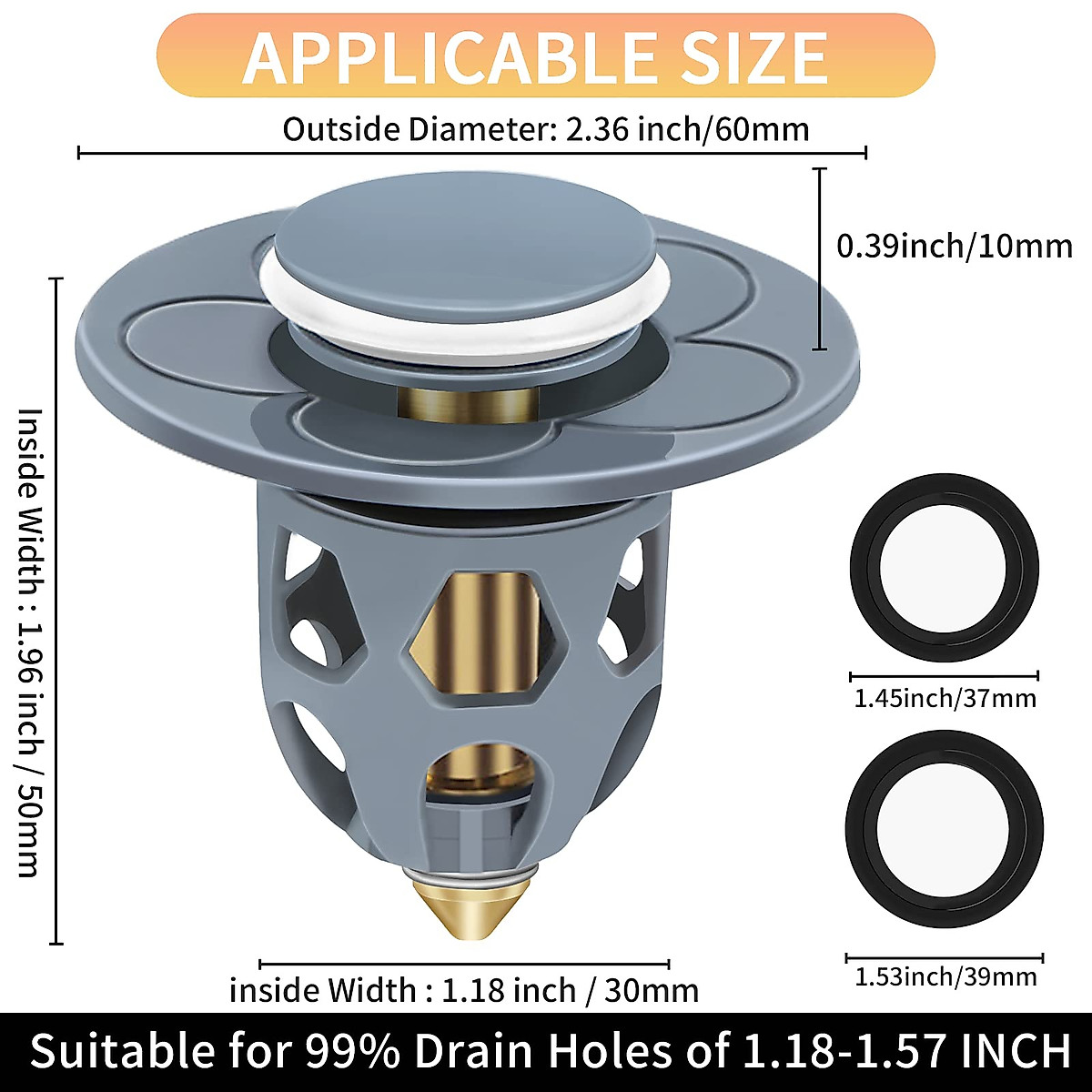 Universal Bathroom Sink Stoppers Fits 1.1"-1.5" Drain Holes, Stainless Steel Bounce Core Anti-Clogging Basin Pop Up Drain Stopper, Bathtub Converter Sink Strainer with Hair Catcher(2-Pack Grey)