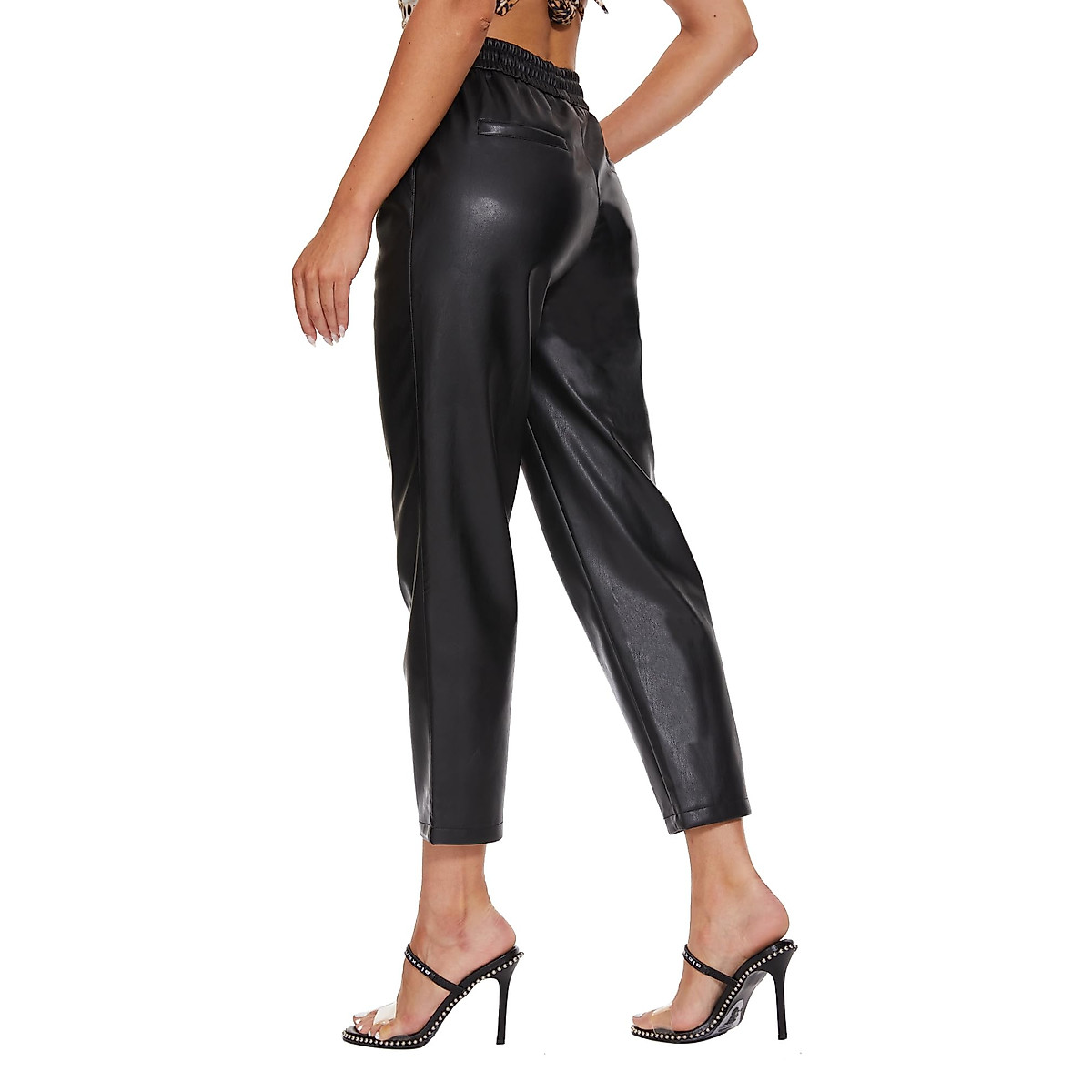Ginasy Faux Leather Pants for Women High Waist Pleather Jogger Pants Straight Leg Trousers with Pockets Black