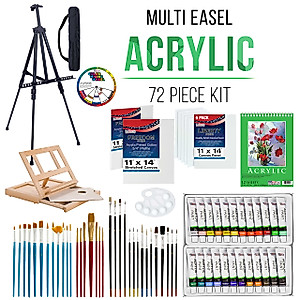 U.S. Art Supply 72-Piece Artist Acrylic Painting Set with Aluminum Field Easel, Wood Table Easel, 24 Acrylic Paint Colors, 34 Brushes, 2 Stretched Canvases, 6 Canvas Panels, Painting Pad, 2 Palettes