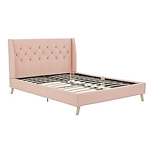 Novogratz Her Majesty Upholstered Linen Bed, Tufted Wingback Design and Wooden Legs, Queen Size - Pink Linen