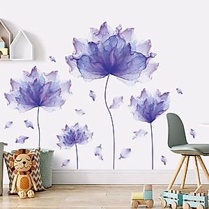 RW-7569 Giant Purple Flower Wall Decals Splash Ink Floral Wall Stickers DIY Removable Large 4 Watercolor Painting Flowers Fallen Petals Wall Decor for Kids Girls Bedroom Living Room Nursery Decoration