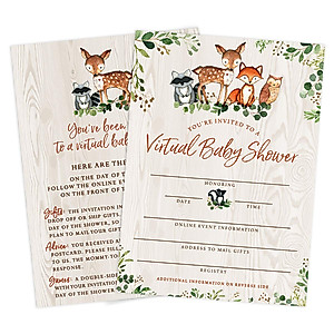Printed Party Virtual Baby Shower by Mail, Woodland Forest Animals, Set of 5 Double-Sided Invitations, Games, Activities and Thank You Cards