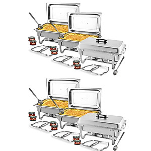 TigerChef Chafing Dish Buffet Set - Chaffing Dishes Stainless Steel - 6 Sets of Chafers and Buffet Warmer Sets: 12 Chafing Gels, 6 Slotted Spoons and Foldable Frame - Food Warmers for Parties Buffets