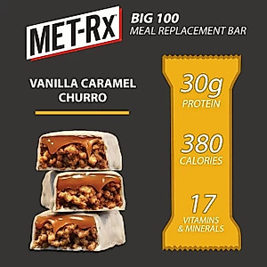 MET-Rx Big 100 Colossal Protein Bars, Vanilla Caramel Churro Meal Replacement Bars, Brown, 9 Count