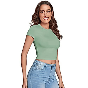 Verdusa Women's Casual Basic Cap Sleeve Slim Fitted Round Neck Crop Tee Top Mint Green M