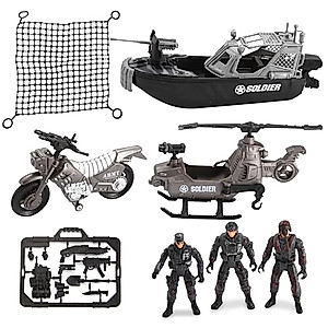 JOYIN 9 Pcs Combat Boat and Military Vehicle Toys Set with Realistic Military Combat Boat, Mini Helicopter, Motorcycle, Army Men Toy Soldiers Action Figures and Other Equipment Accessories