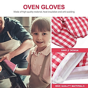 cabilock Oven Mitts Glove Heat Insulation Mitts Red Grid Kitchen Microwave Oven Gloves Mitts Anti-Scald Baking Gloves for Children Adult Cooking Gloves, 1 Pair, 7x4.7 inch (Red)