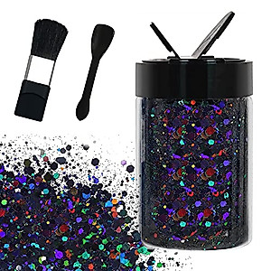 3.5oz/100g Mixed Chunky and Fine Glitter, Holographic Crafts Glitter Powder for Resin, Flakes Iridescent Nail Sequins, Cosmetic Glitter for Face Eye Glitters Tumblers, Festival Decorations (Black)