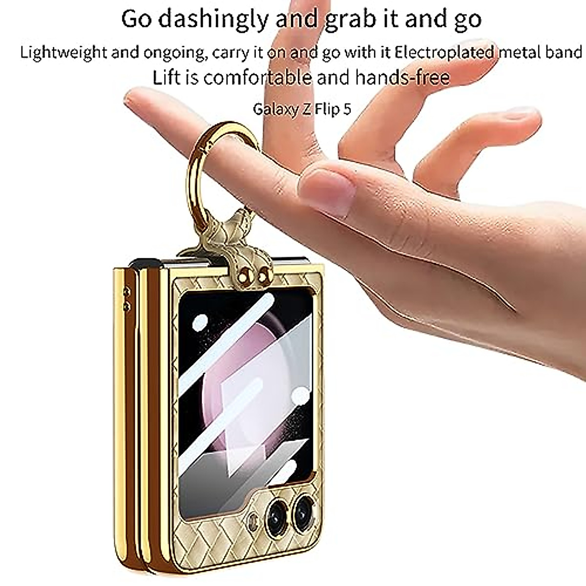 BAILI Galaxy Z Flip 5 Case,360° Whole Protection Braided Leather Z Flip5 Cover with Ring,Comes with Small Screen Protector Precise Hole Location Design Shell for Samsung Galaxy Z Flip5-Champagne
