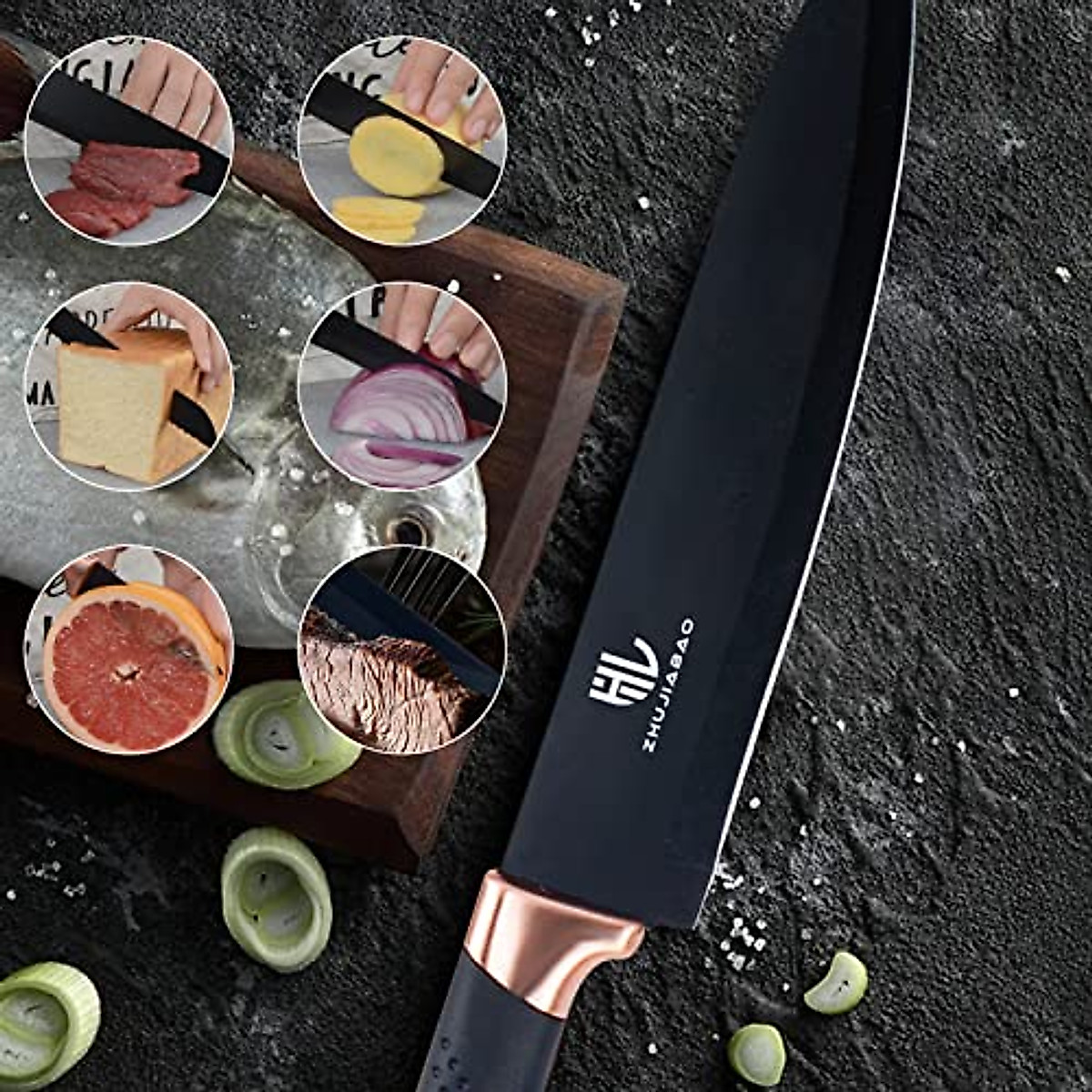 ZHUJIABAO Black Kitchen Knife Block Set with Acrylic Stand 6PCS Professional Stainless Steel Chef Knife Set with Nonstick Coating and Ultra Sharp Edge Cutlery Knife Block Set as Gift for Man and Woman