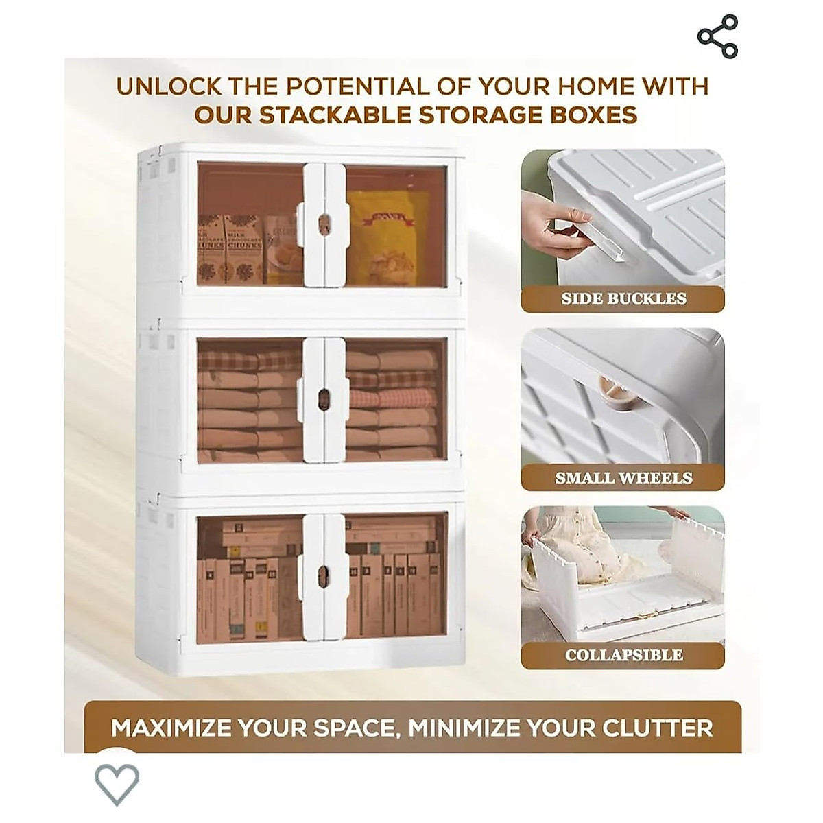 Keszi's Choice 3 Tier Collapsible Plastic Storage Bins with Lids, Wardrobe Closet Organizer, Stackable Storage Bins, Foldable Plastic Storage Container with Doors and Lids 8.5 Gallon each (3 PACK)