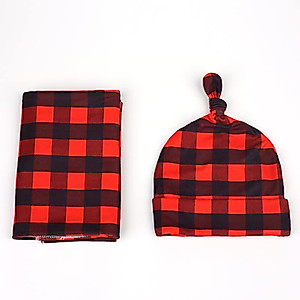 ZOONAI Red and Black Plaid Swaddle Blanket Baby Newborn Receiving Blanket Infant Sleeping Cloth Wrap with Hat (Red Black)