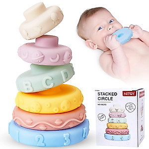 NiToy 6PCS Stacking & Nesting Building Ring Teether Stacker Toy for Boys and Girls, Educational Rainbow Tower Wheels Soft Silicone Circle Squeeze Toy with Letter Number Graphic Engaging Early Learning