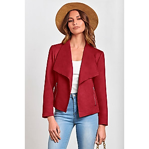 PRETTYGARDEN Women's Faux Suede Jackets 2025 Spring Fall Clothes Long Sleeve Open Front Cropped Coat Outwear (Red,Large)