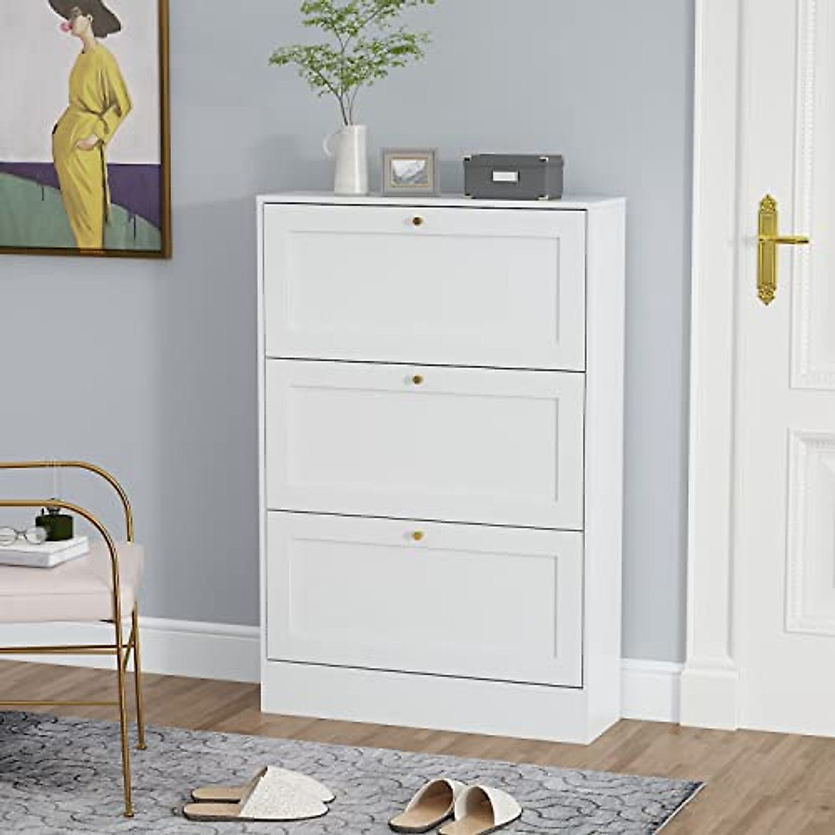 DiDuGo Shoe Storage Cabinet with 3 Compartments, Wood Entryway Shoe Storage Cabinet, for Hallway Entryway (31.5”W x 9.4”D x 47.2”H)…