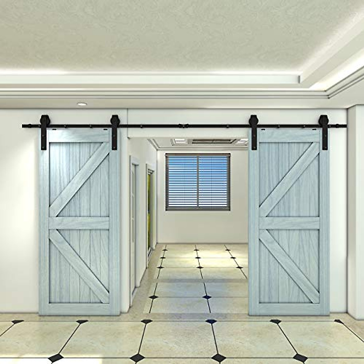 YIGOLD 10ft Double Barn Door Hardware Kit, for 30" Wide Doors Panel Antique Style, Sliding Smoothly Quietly, Factory Outlet Upgraded Version Quality Carbon Steel (4 J Shape Hanger)