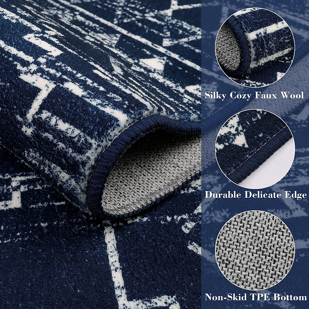 Wonnitar Moroccan 5x7 Blue Rugs for Living Room, Washable Geometric Tribal Bedroom Area Rug, Large Non-Shedding Soft Low Pile Stain Resistant Carpet for Den Kitchen Home Decor (Blue,5'x7')