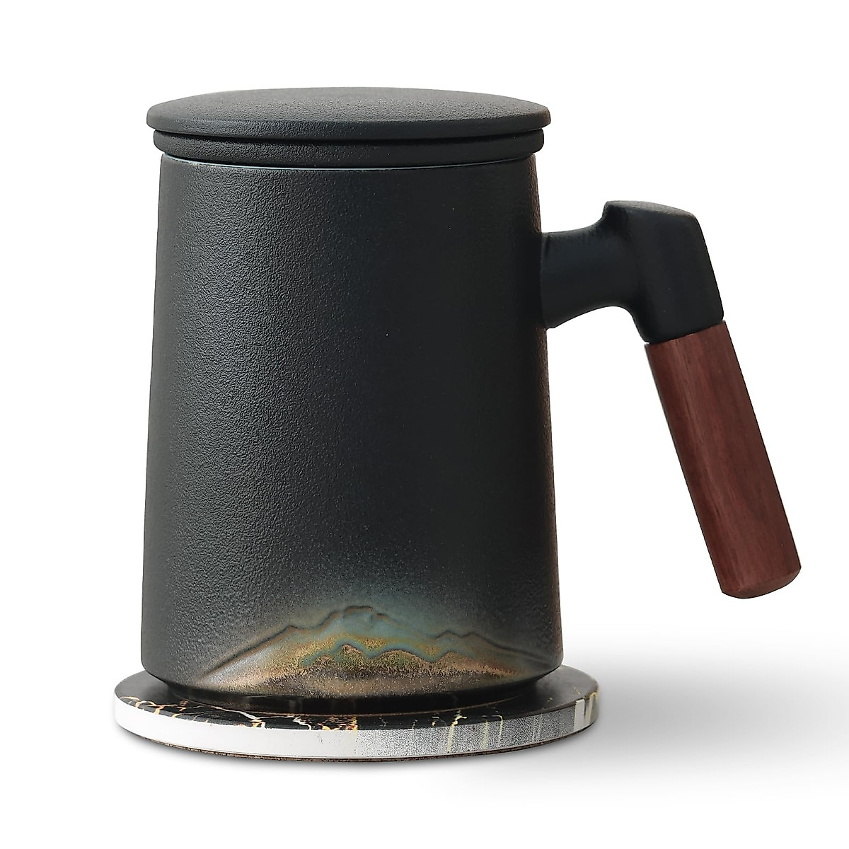 Ochcahser Tea Cup with Infuser and Lid, 15.2 Ounces Artistic Mountain Embossed Ceramic Tea Mug with Absorbent Coaster for Loose Leaf Tea, Ergonomic Bamboo Handle Tea Steeping Mug for Tea Lovers