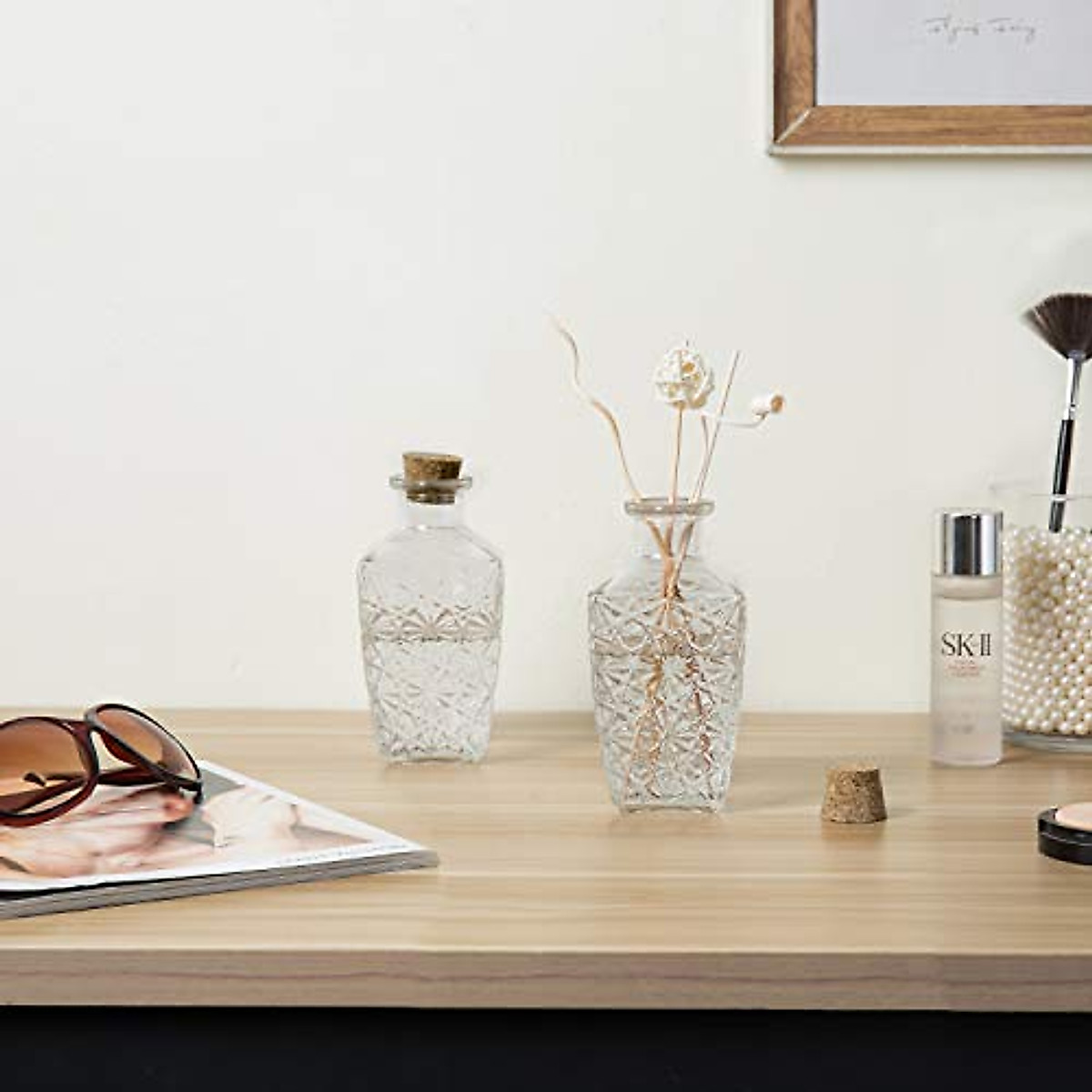 MyGift Diamond-Faceted Apothecary Glass Bottle - Mini Decorative Reed Diffuser Bottles with Cork Lid, Set of 2