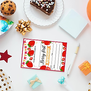 EUDOSI Strawberry Berry First Birthday Party Invitations Supplies Fill-In Set of 20 with Envelopes Strawberry 1st Birthday Bash Invites Cards, Double Sided