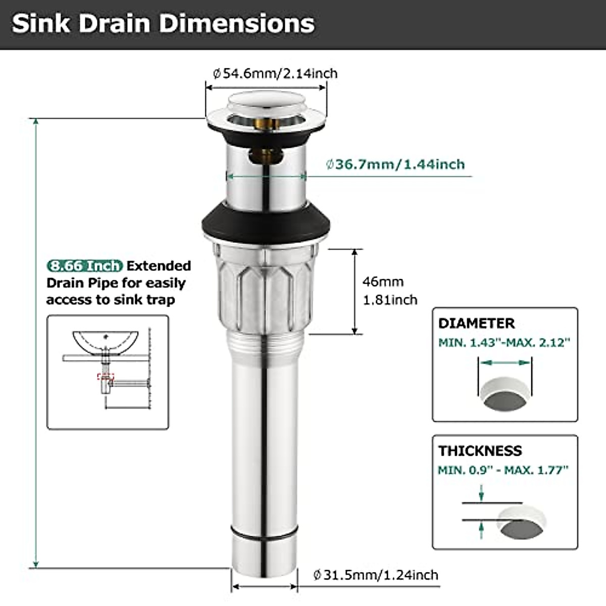 PARLOS Bathroom Sink Drain with Overflow, Metal Pop Up Drain for Vessel Sink, Chrome, 2108501