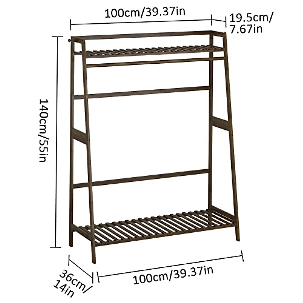 UDEAR Bamboo Clothing Rack with Shelves,Freestanding Garment Rack,Hanging Clothes Rack for Bedroom,Large（Brown）