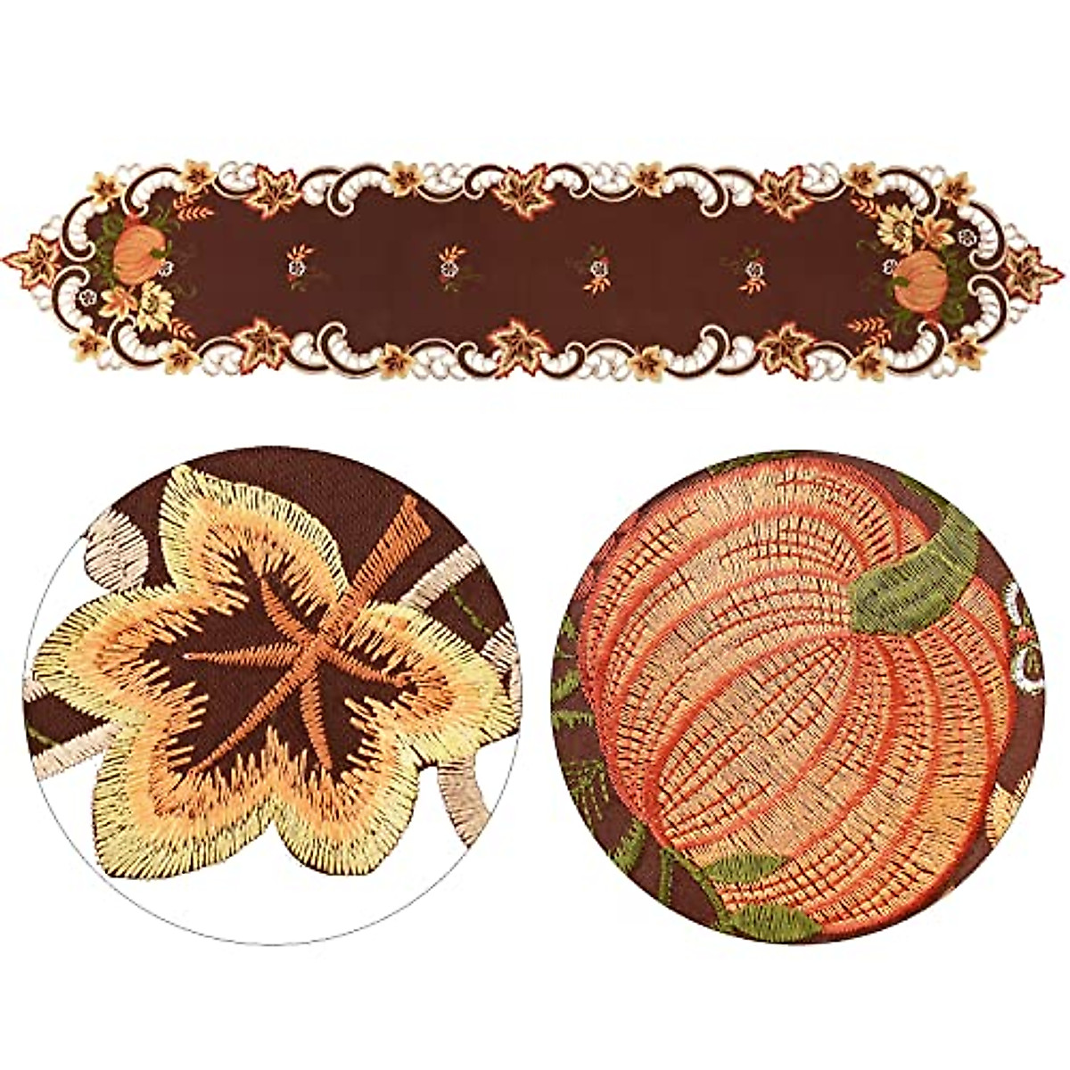 Simhomsen Brown Embroidered Thanksgiving Harvest Pumpkins Table Runners for Autumn Or Fall Decorations (14 × 69 Inches)
