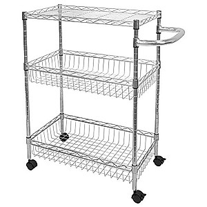 Mount-It! Mesh Wire Rolling Cart | 3-Tier Multi-Function Metal Trolley for Kitchen Storage and Organization | Heavy-Duty Storage Cart with Wheels and Handle | Silver