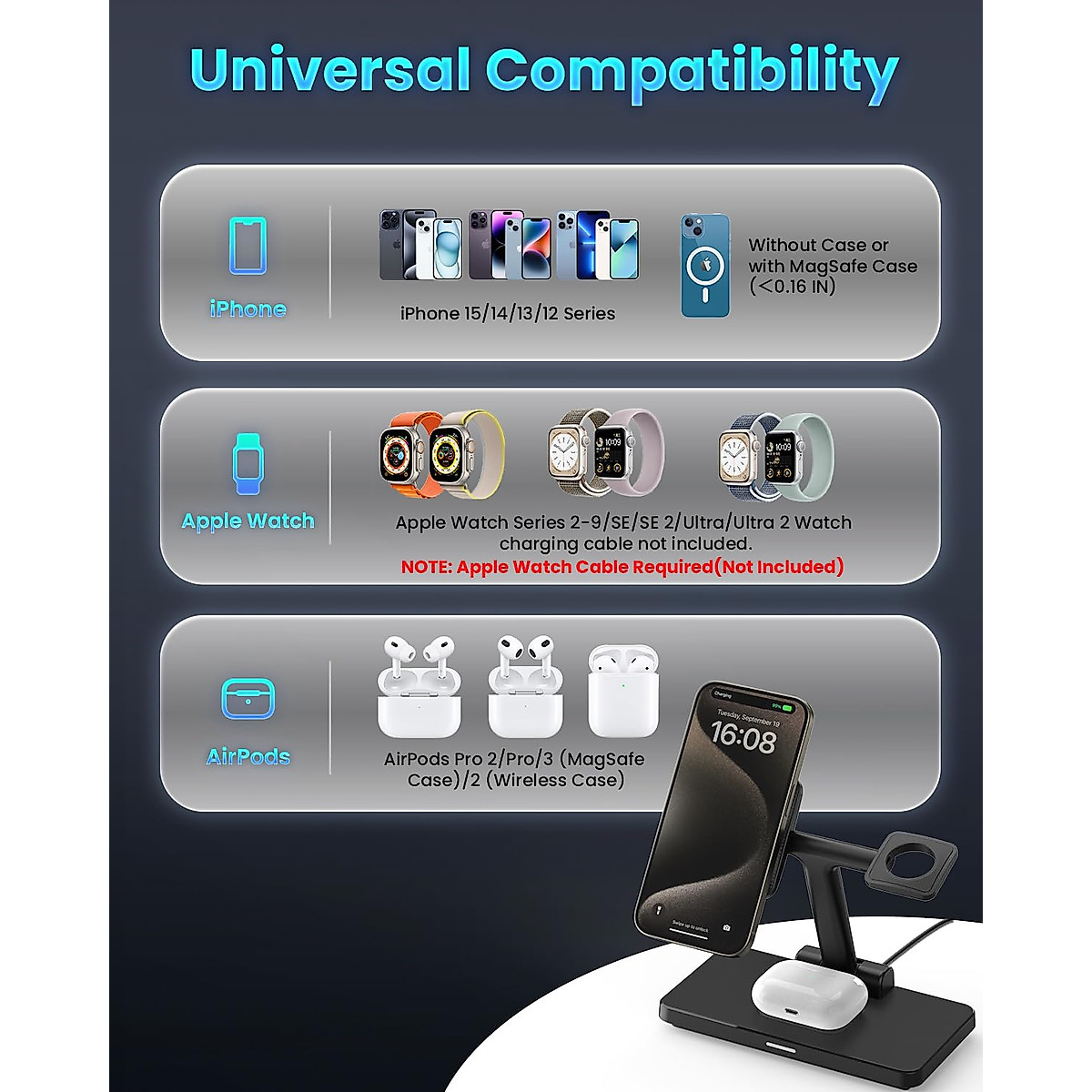 3-in-1 Foldable Charger Stand for MagSafe: JoyGeek Wireless Charging Station for iPhone 15/14/13/12 Pro Max Plus Mini, Magnetic Mag-Safe Dock for Apple Watch Ultra/SE/9/8/7/6/5/4/3/2, Air Pods Pro/3/2
