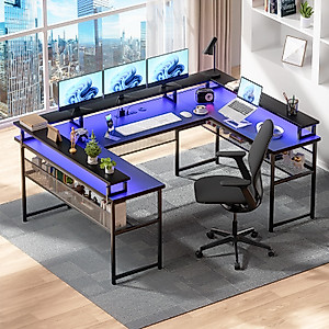 Unikito U Shaped Computer Desks, Reversible Office Desk with LED Strip and Power Outlets, L Shaped Table with Full Monitor Stand and Storage Shelves, 83 Inch Large U- Shape Gaming Desk, Black