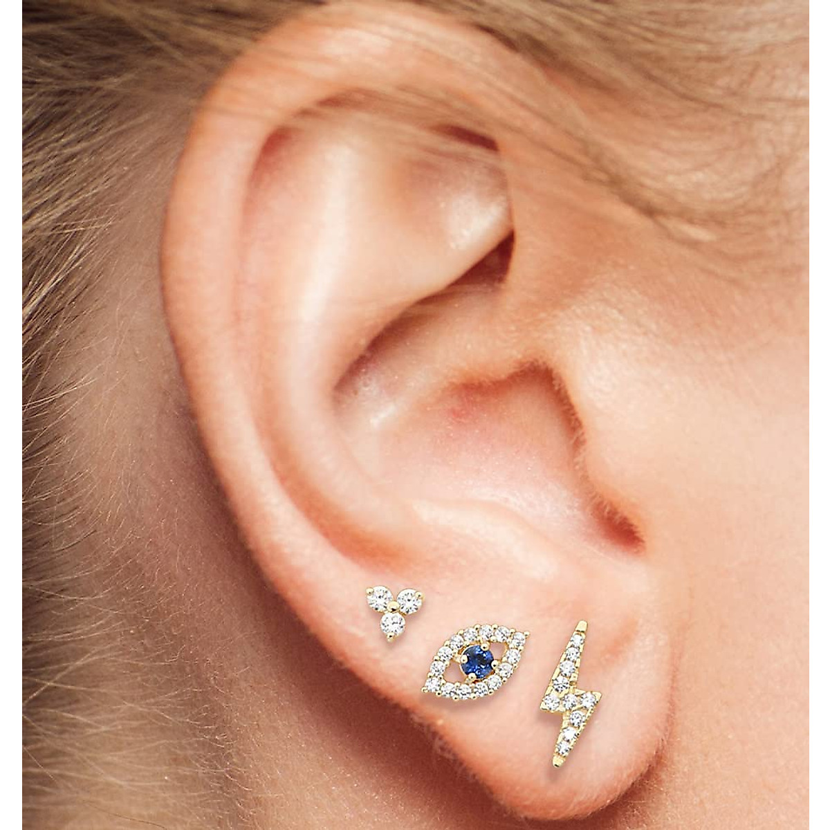 Solid 14k Gold Mini Lotus Cubic Zirconia Studs, Trefoil Trinity Triple Cluster Minimalist Earrings (White Gold)