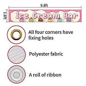 Ice Cream Bar Large Banner Sign Backdrop,Ice Cream Theme Party Decorations Supplies For Children Kids Boys And Girls,Pink Ice Cream Theme Baby Shower Large Banner 9.8x1.6ft