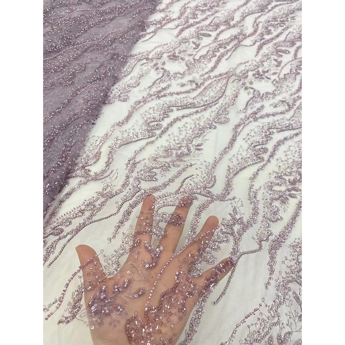 Tngan Embroidered Sequin African Lace Heavy Craft Beading Glitter Floral French Tulle Net Fabric for Trailing Dress, 5 Yards, Black