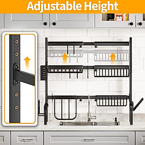 Urackify Over The Sink Dish Drainer Drying Rack, Adjustable (25.19"-37.4") Over Sink Dish Drying Rack, Extra Large Extendable Dish Rack Above Kitchen Sink, 3 Tier Dish Strainer with Storage Basket