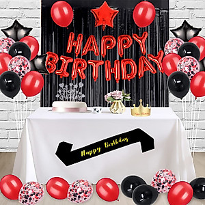 Fancypartyshop 23RD Birthday Party Decorations Supplies Red Black Later Balloons Happy Birthday Cake Topper Sash Foil Black Curtains Foil Star Balloons Number Red 23