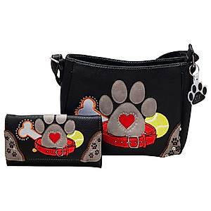 HW Collection Dog Paw Print Handbag Small Crossbody Bag Shoulder Purse Women Wallet Set (Black Light Grey Paw)