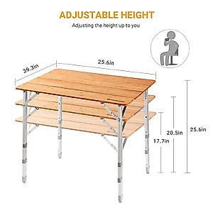 KingCamp Bamboo Camping Table Adjustable Height Portable Compact Folding Table for Indoor Outdoor Picnic Backyard BBQ