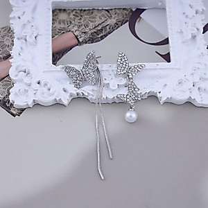 Sttiafay Vintage Crystal Butterfly Drop Earrings Rhinestone Pearl Dangle Earrings Long Butterfly Chain Earrings Silver Pearl Butterfly Earrings Jewelry for Women and Girls