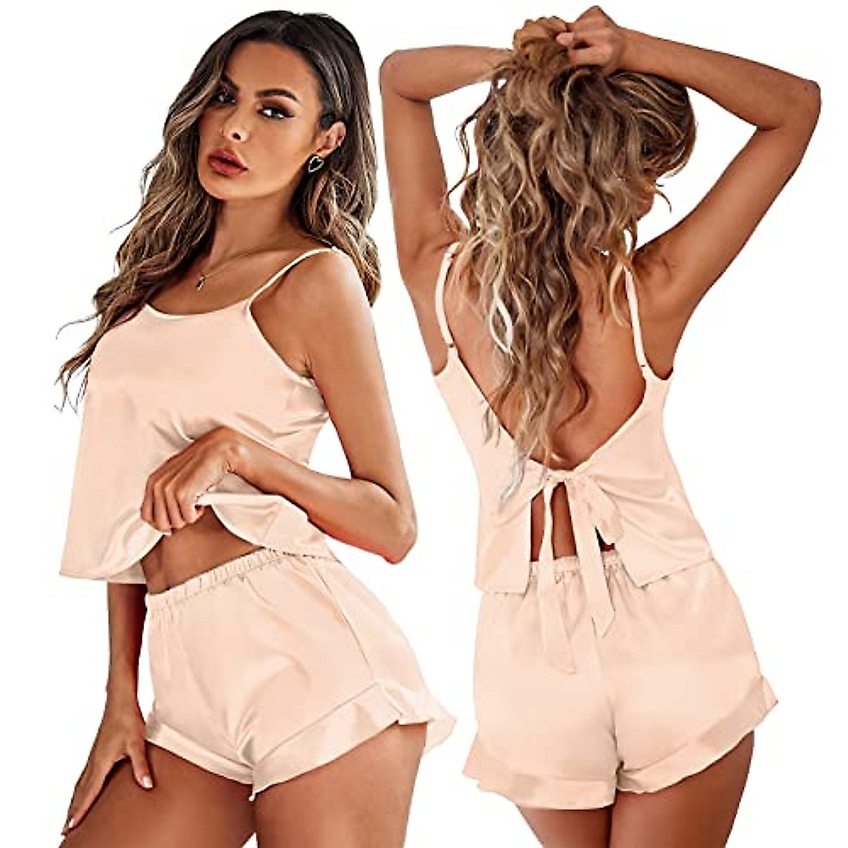 Ekouaer Silk Pajamas Set Women Satin Sleepwear Ruffled Camisole Shorts Pjs Nightwear Beige