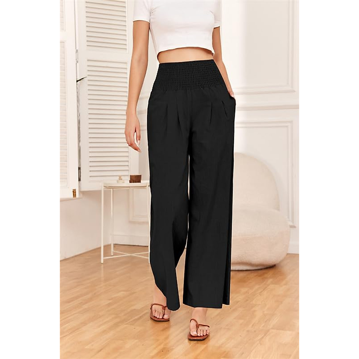 REDMORE High Waisted Wide Leg Pants for Women Summer Beach Boho Cotton Linen Palazzo Pants Casual Flowy Trousers with Pockets Black