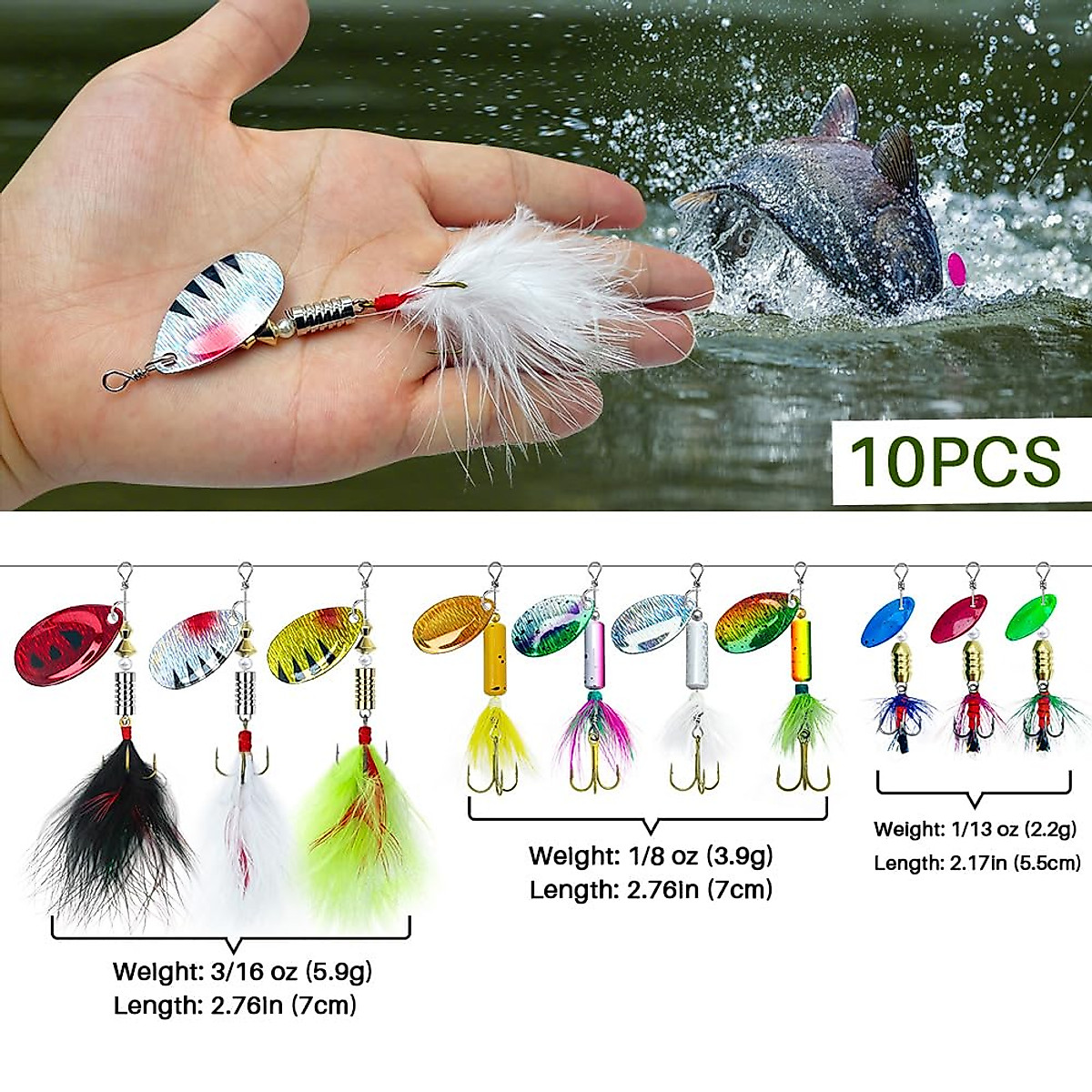 Fishing Lures 10pcs Spinner Lures Baits with Tackle Box, Bass Trout Salmon Hard Metal Rooster Tail Fishing Lures Kit by FOUCECLAUS
