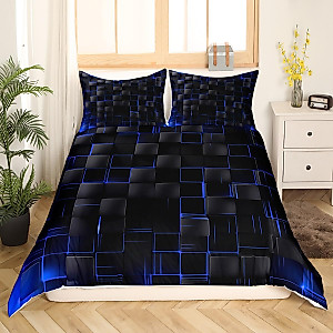 Geometric Grid Duvet Cover Set Queen Size, Royal Blue and Black Checkered Bedding Cover, Men Women Room Decor, Modern Abstract Check Plaid Square Bed Sets for All Season, 2 Pillowcases, No Comforter
