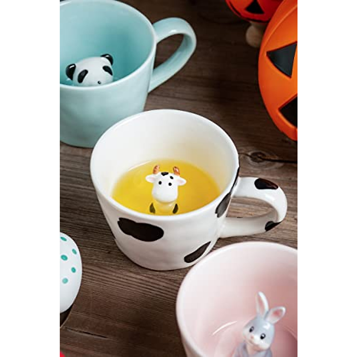 DIHOclub Cow Ceramic Cup Hidden 3D Animal Inside Mug,Cute Cartoon Handmade Figurine Mugs,Holiday and Birthday Gift for Coffee Milk Tea Lovers,12 OZ(White,Black)