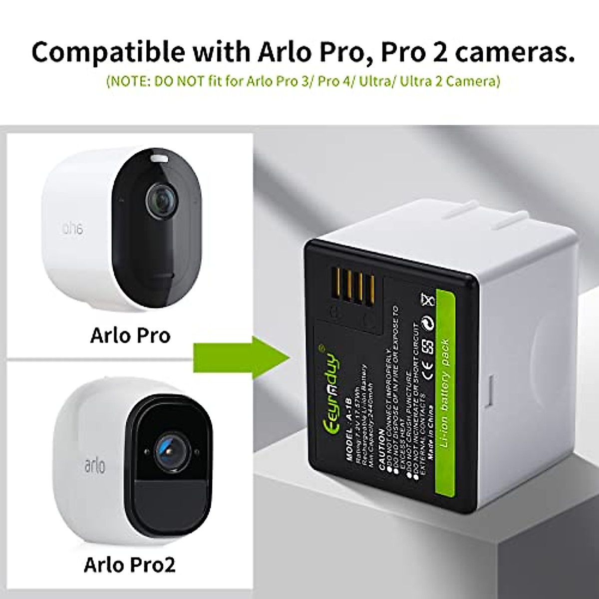Eeyrnduy Battery for arlo Pro,Pro 2 Camera Replacement for VMA4400,Dual Channel Charging Station and 2- Pack 2440mAh Rechargeable Batteries 7.2V/17.57Wh