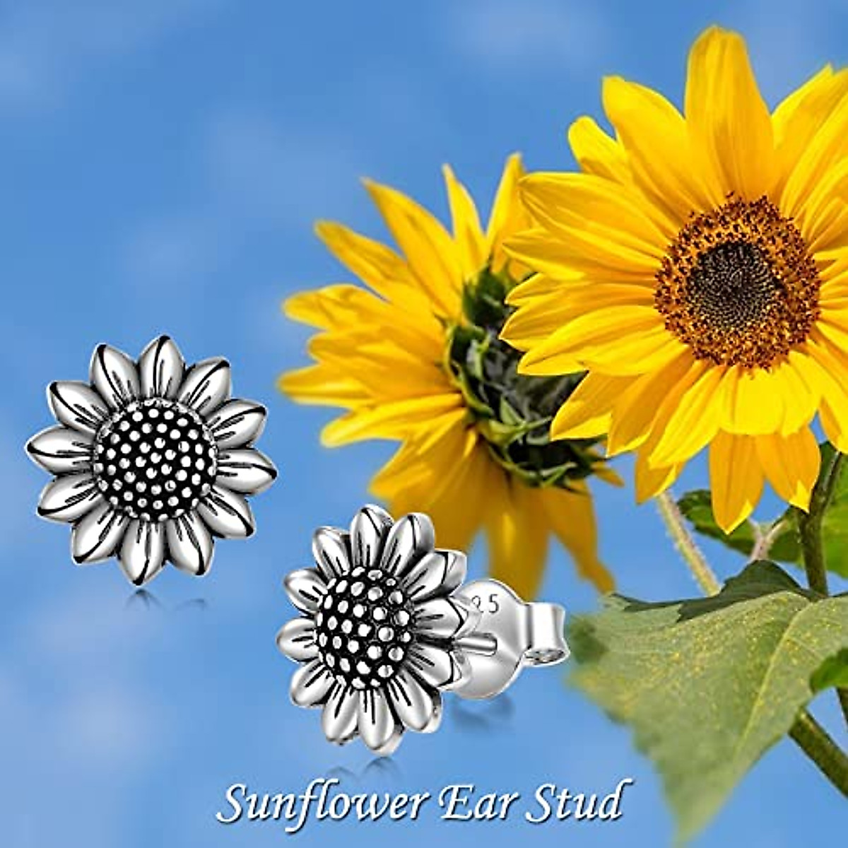 POPLYKE 925 Sterling Silver Antiqued Sunflower Stud Earrings Bohemian Oxidation Sunflower Earrings for Women Mother Birthday Halloween