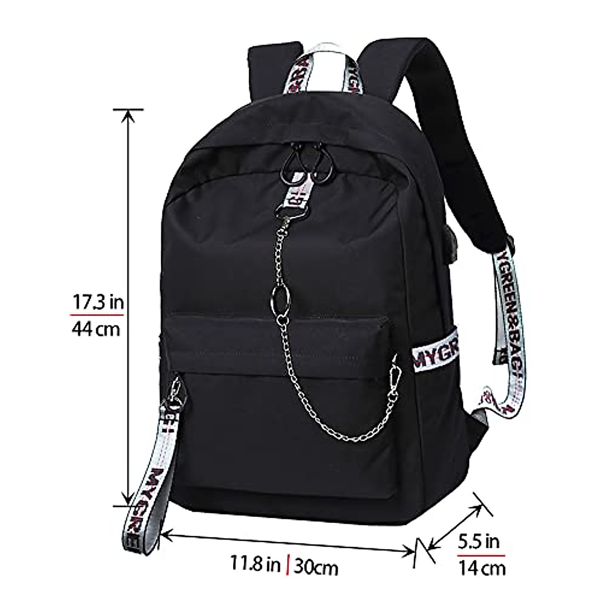 El-fmly Fashion Backpack with USB Charging Port for Travel, Lightweight School Bookbags with Cool Letters Strap for Teenage Girls & Women (Black+Grey)